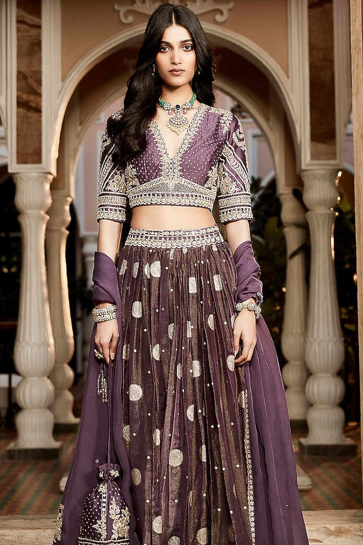 Burnt Lavender Tissue Banarasi Embroidered Lehenga Set Design by Matsya ...