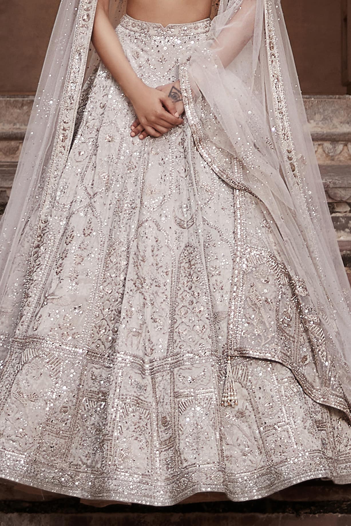 Beige Tissue Dabka & Nakshi Hand Embroidered Lehenga Set Design by ...