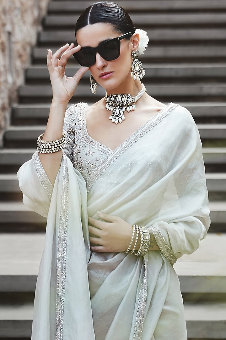 Ivory Tissue Zardosi Pittan Embroidered Saree Set by Matsya at Pernia's ...