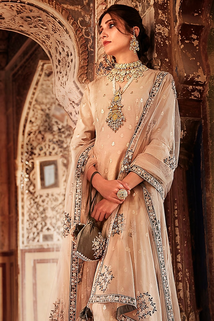 Beige & Green Embroidered Gharara Set by Matsya at Pernia's Pop Up Shop ...