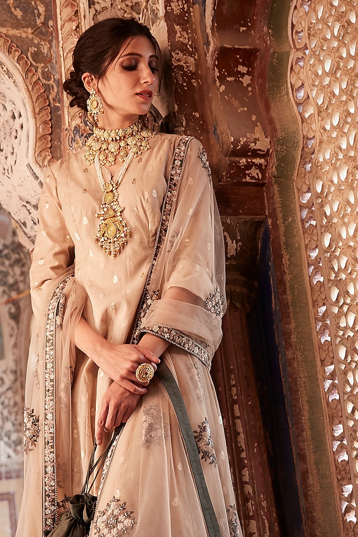 Beige & Green Embroidered Gharara Set by Matsya at Pernia's Pop Up Shop ...