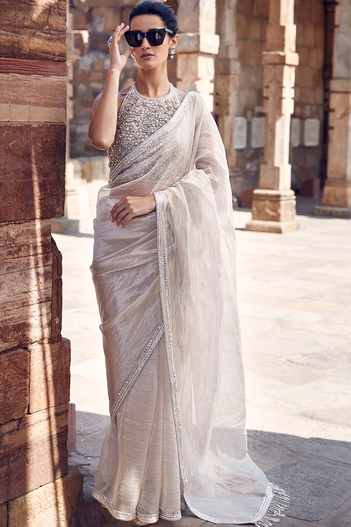 Ivory Tissue Striped Saree Set by Matsya at Pernia's Pop Up Shop 2025