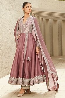 Rose Pink Chanderi Embroidered Anarkali Set Design by Matsya at Pernia ...