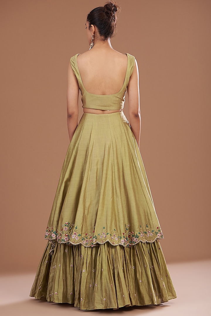 Green Chanderi Sequins & Zardosi Embroidered Lehenga Set Design by ...