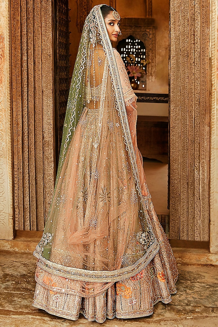 Tuscan Rusted Peach Embroidered Lehenga Set Design by Matsya at Pernia ...
