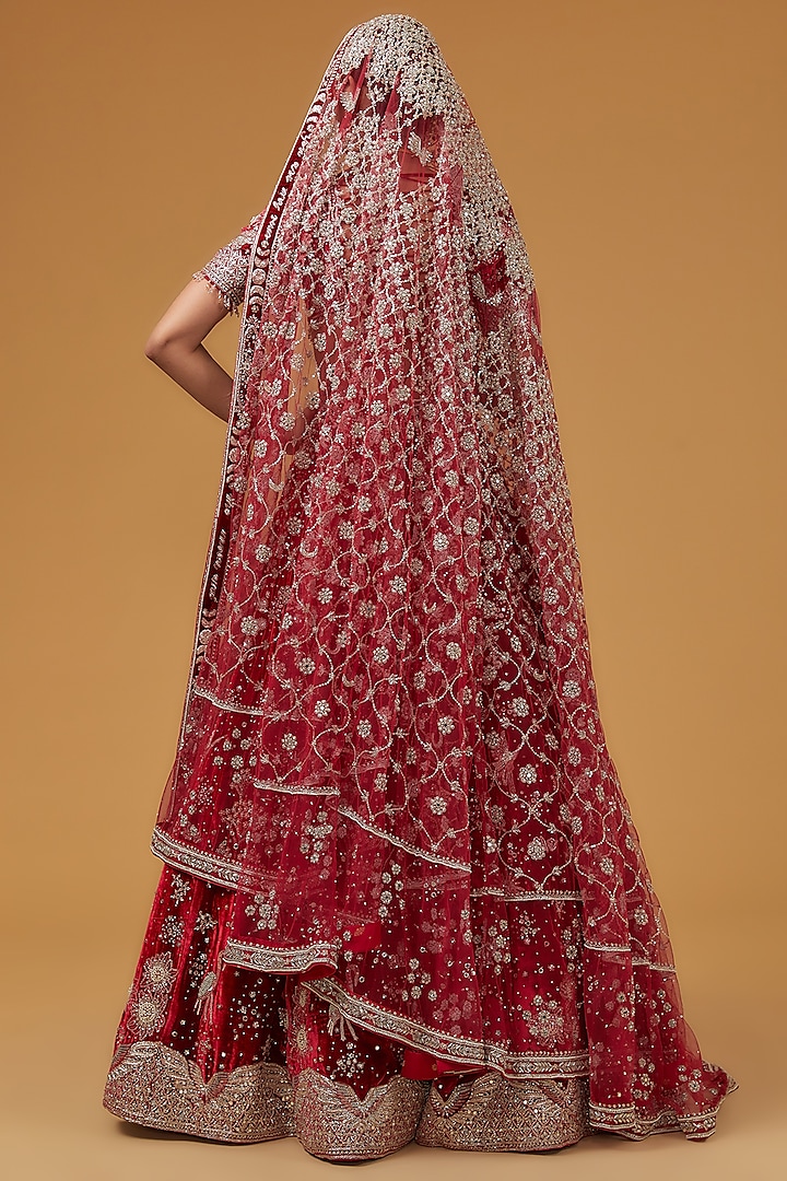 Red Velvet Hand Embroidered Bridal Lehenga Set by Matsya at Pernia's ...