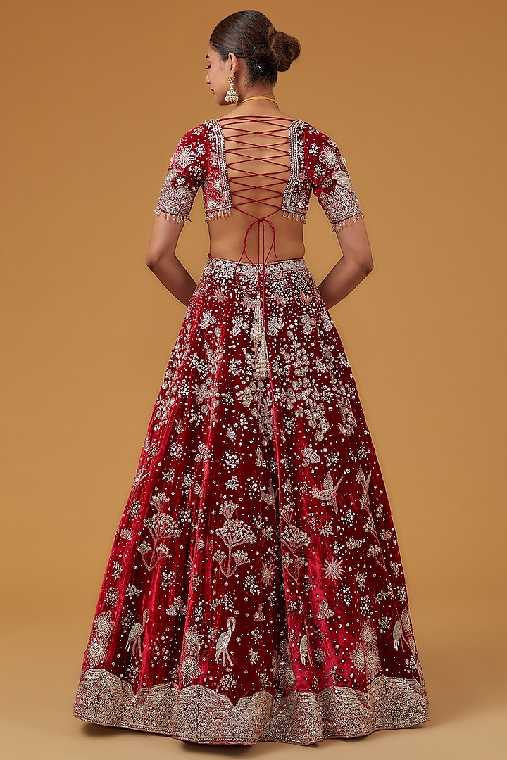 Red Velvet Hand Embroidered Bridal Lehenga Set by Matsya at Pernia's ...