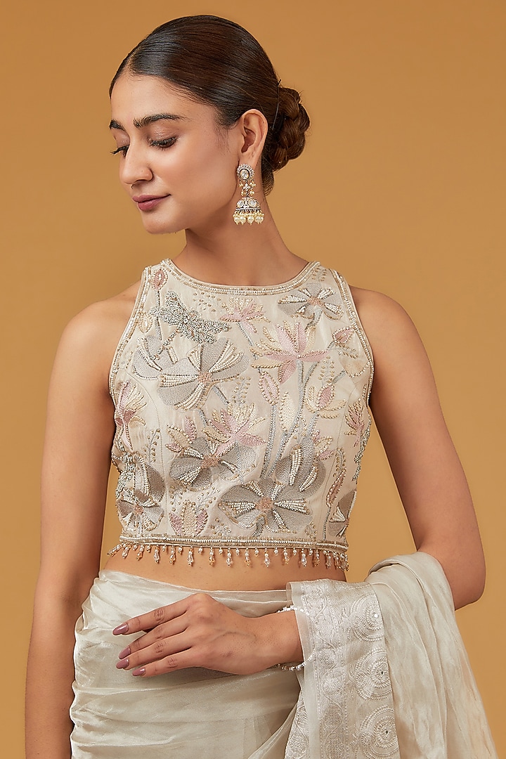 Ivory Tissue Thread Embroidered Wedding Saree Set by Matsya at Pernia's ...