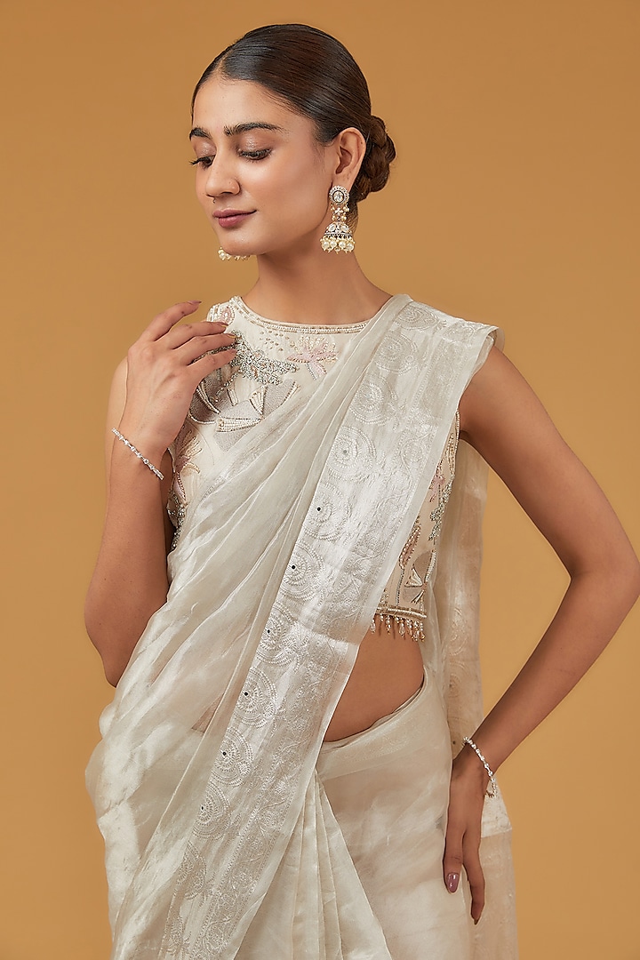Ivory Tissue Thread Embroidered Saree Set by Matsya at Pernia's Pop Up ...