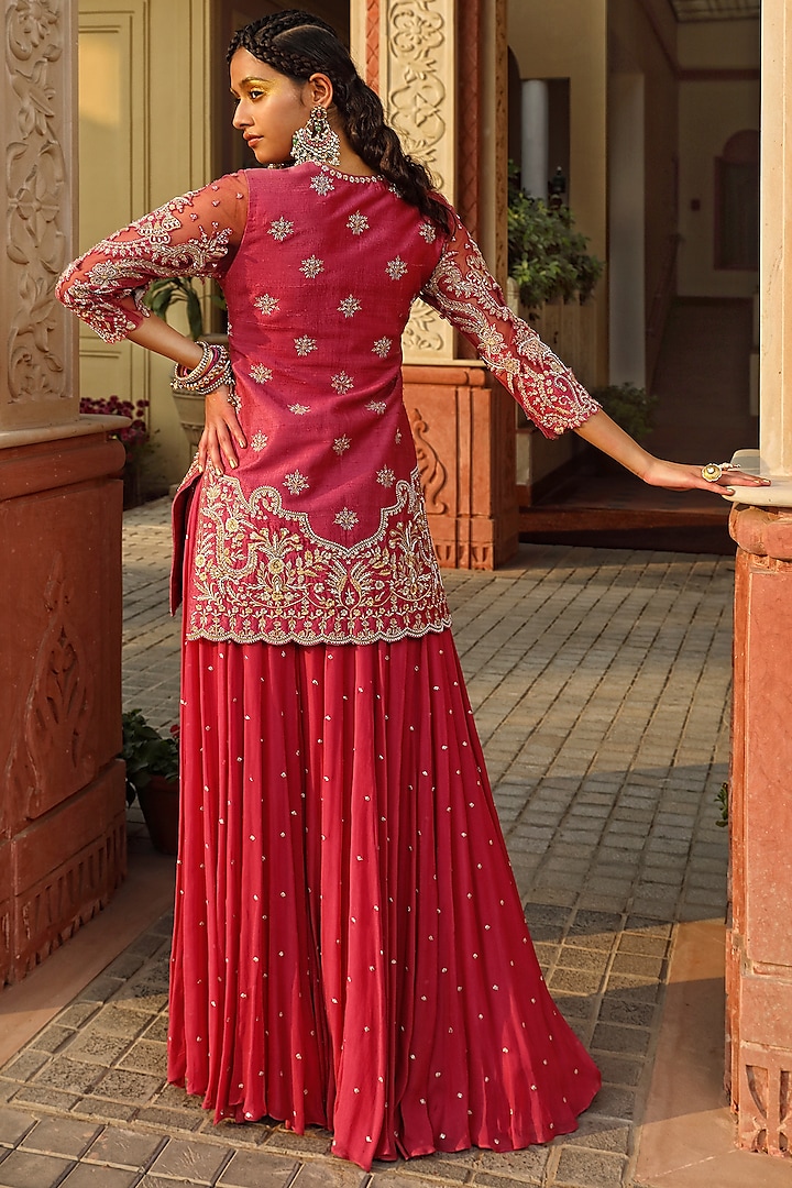 Onion Pink Georgette & Silk Embroidered Sharara Set by MAVISH at Pernia ...