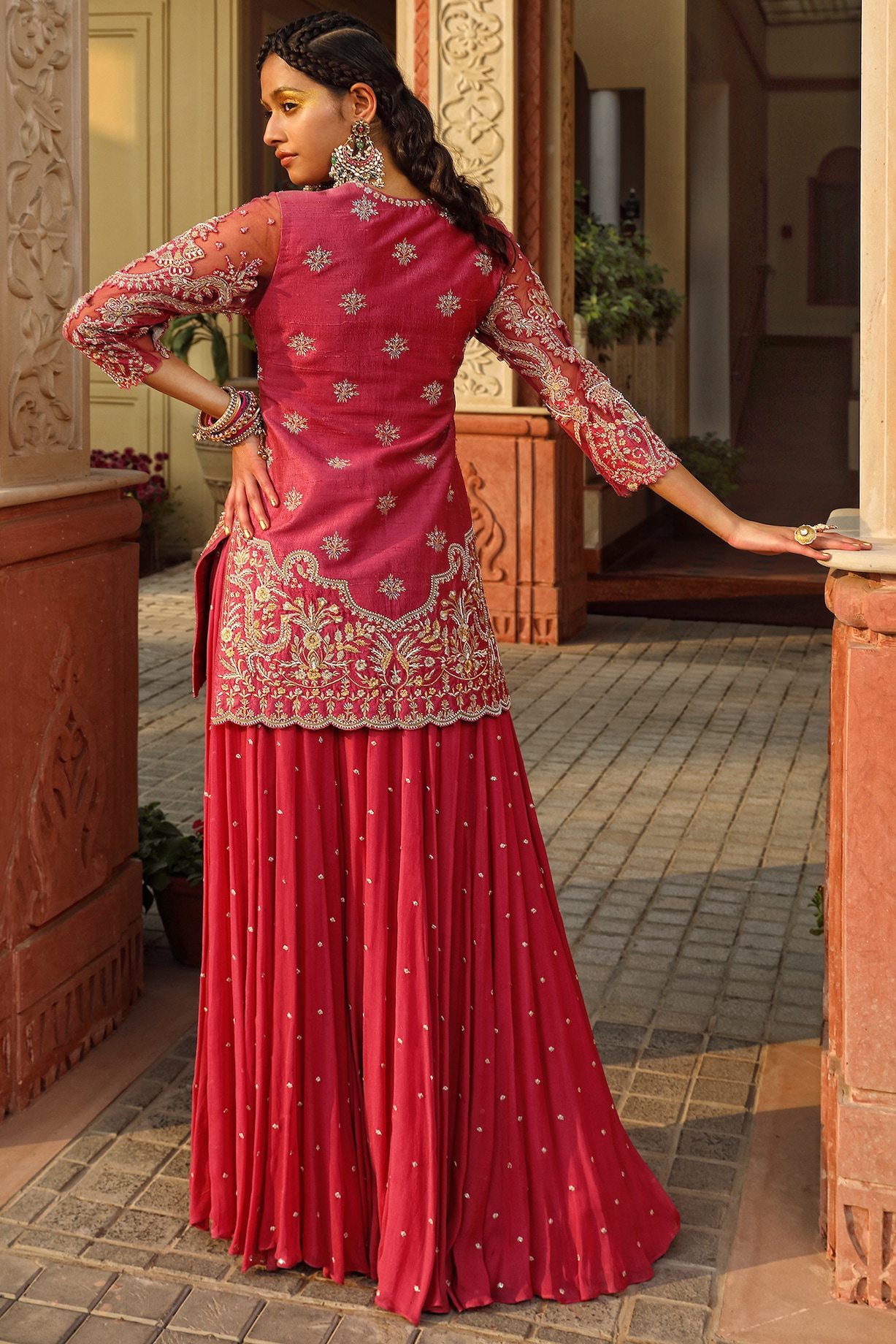 Onion Pink Georgette & Silk Embroidered Sharara Set by MAVISH at Pernia ...