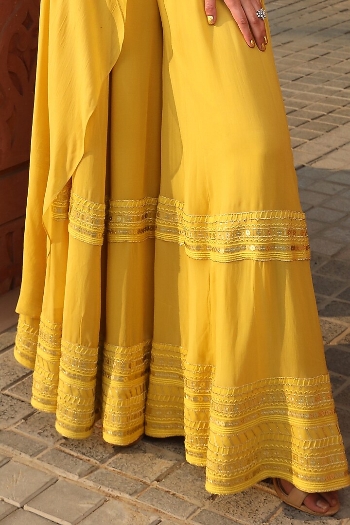 Yellow Georgette & Silk Hand Embellished Draped Jumpsuit Sharara by ...
