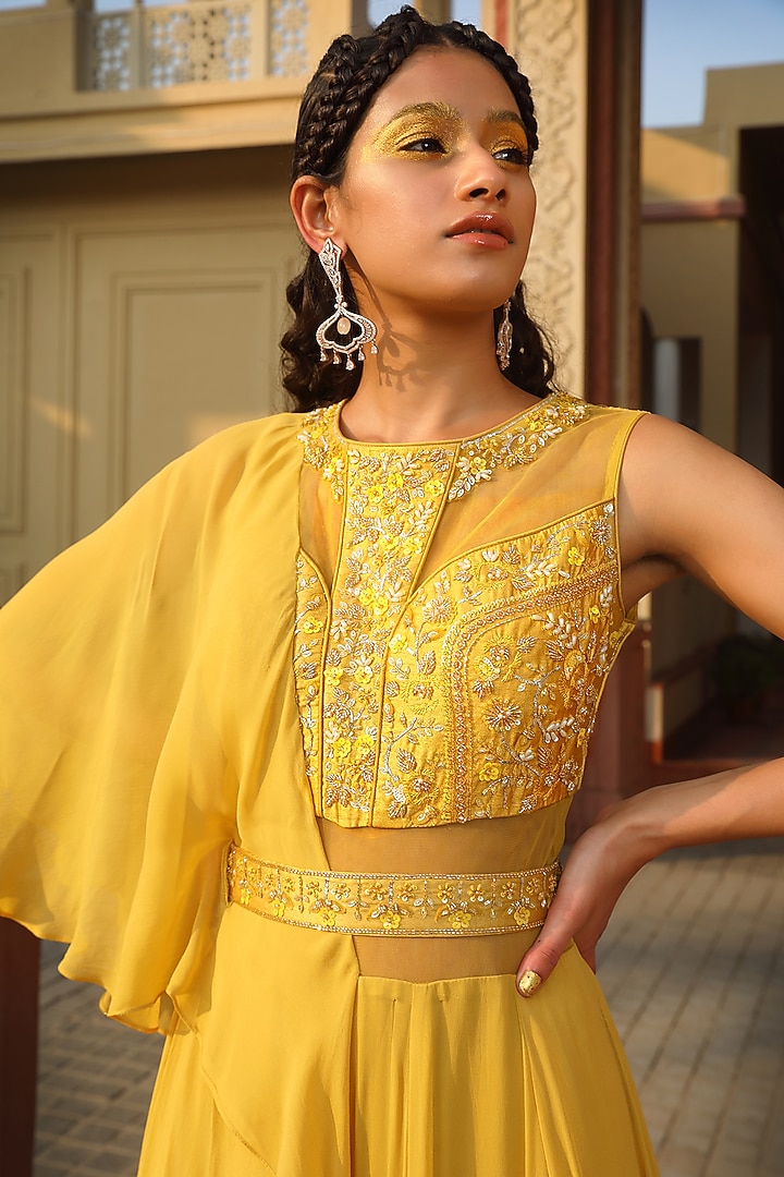 Yellow Georgette & Silk Hand Embellished Draped Jumpsuit Sharara by ...