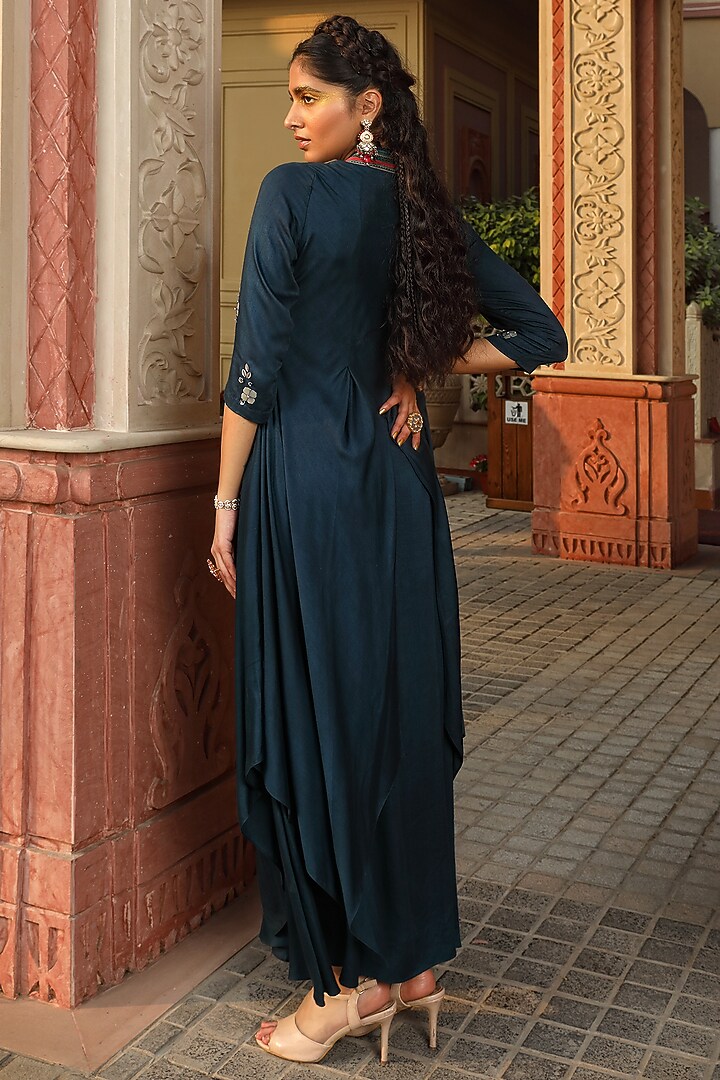 Teal Blue Mul & Georgette Printed Anarkali With Multi-Colored Scarf ...