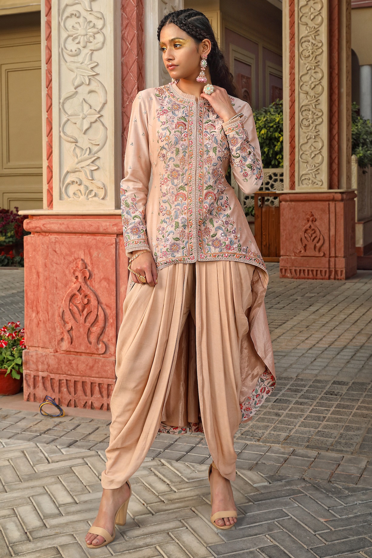 Peach Chanderi & Double Georgette Draped Pant Set by MAVISH at Pernia's ...