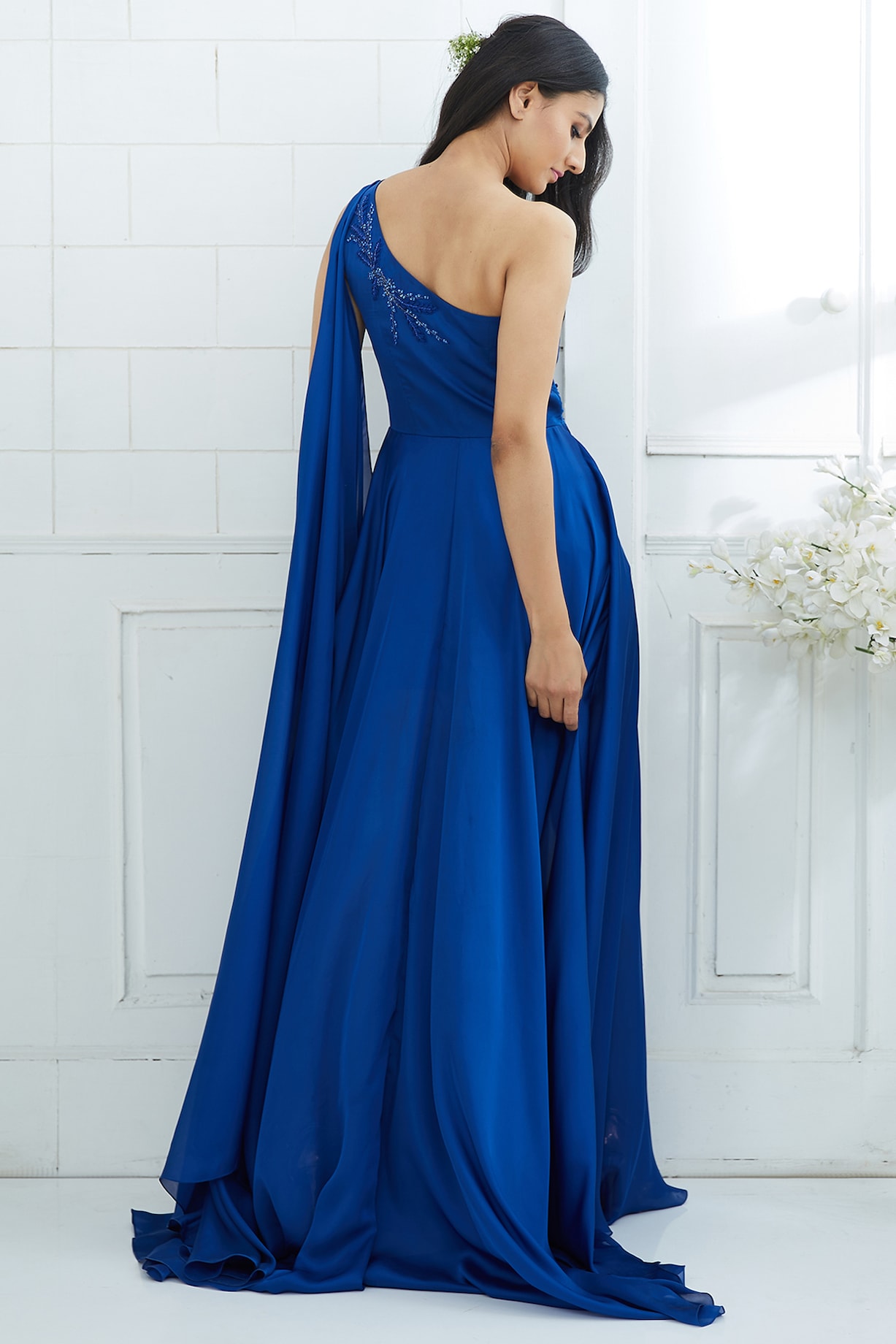 Blue Embroidered Drape Gown by Mandira Wirk at Pernia's Pop Up Shop 2025