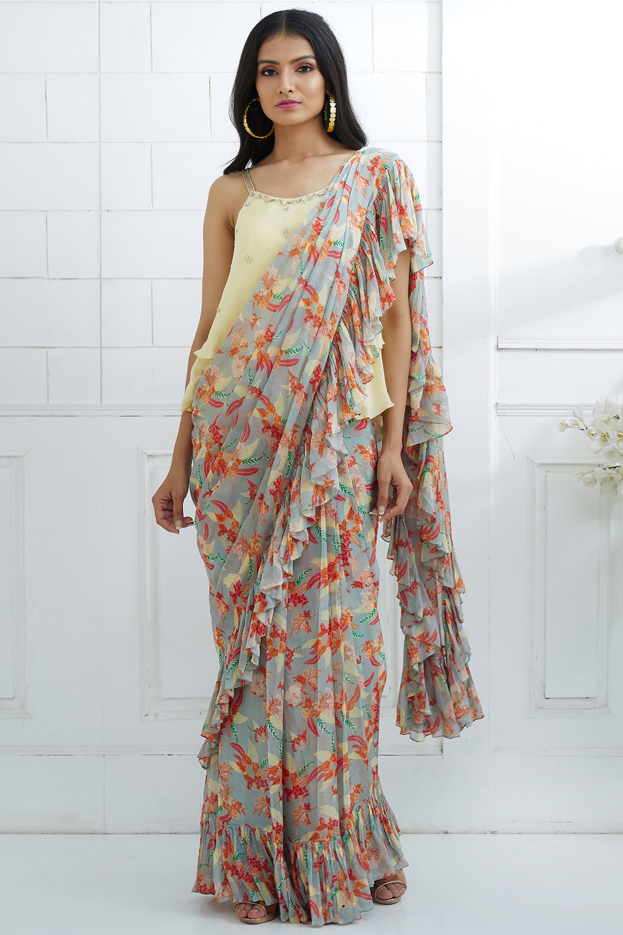 Grey Chiffon Ruffled Digital Printed Ruffled Saree Set by Mandira Wirk ...