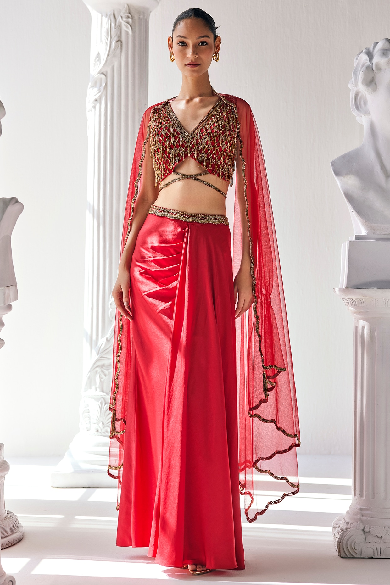Red Royal Satin Skirt Set by Mandira Wirk at Pernia's Pop Up Shop 2025
