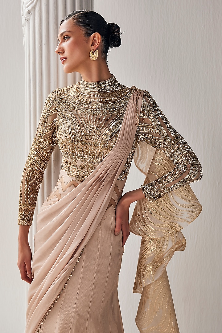 Golden Cream Shimmer Chiffon Zardosi Embroidered Draped Bridal Gown ...