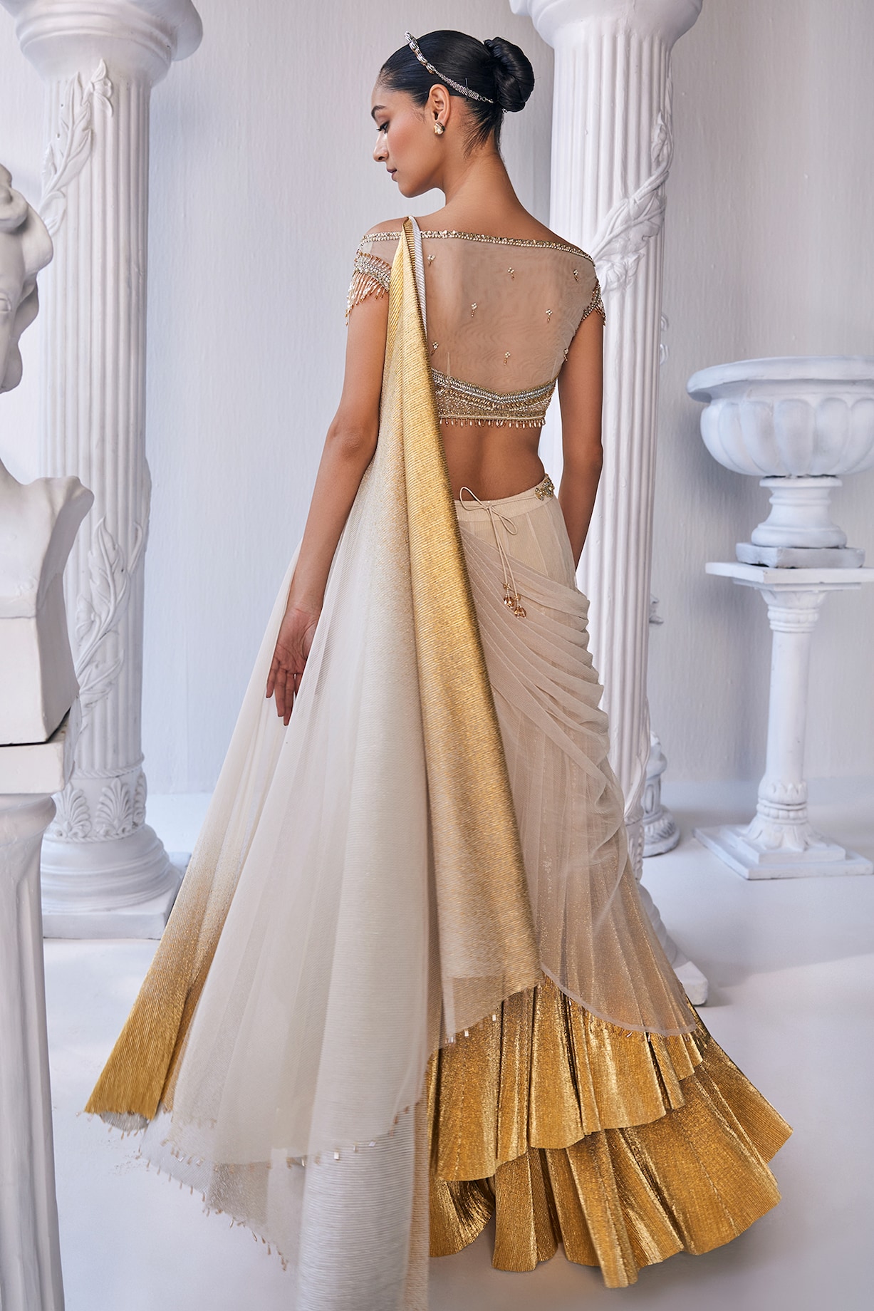 Cream & Gold Pleated Gold Foil Lycra Draped Double-Layered Bridal ...