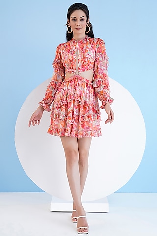 Red Chiffon Printed Mini Tiered Cut-Out Dress by Mandira Wirk at Pernia ...