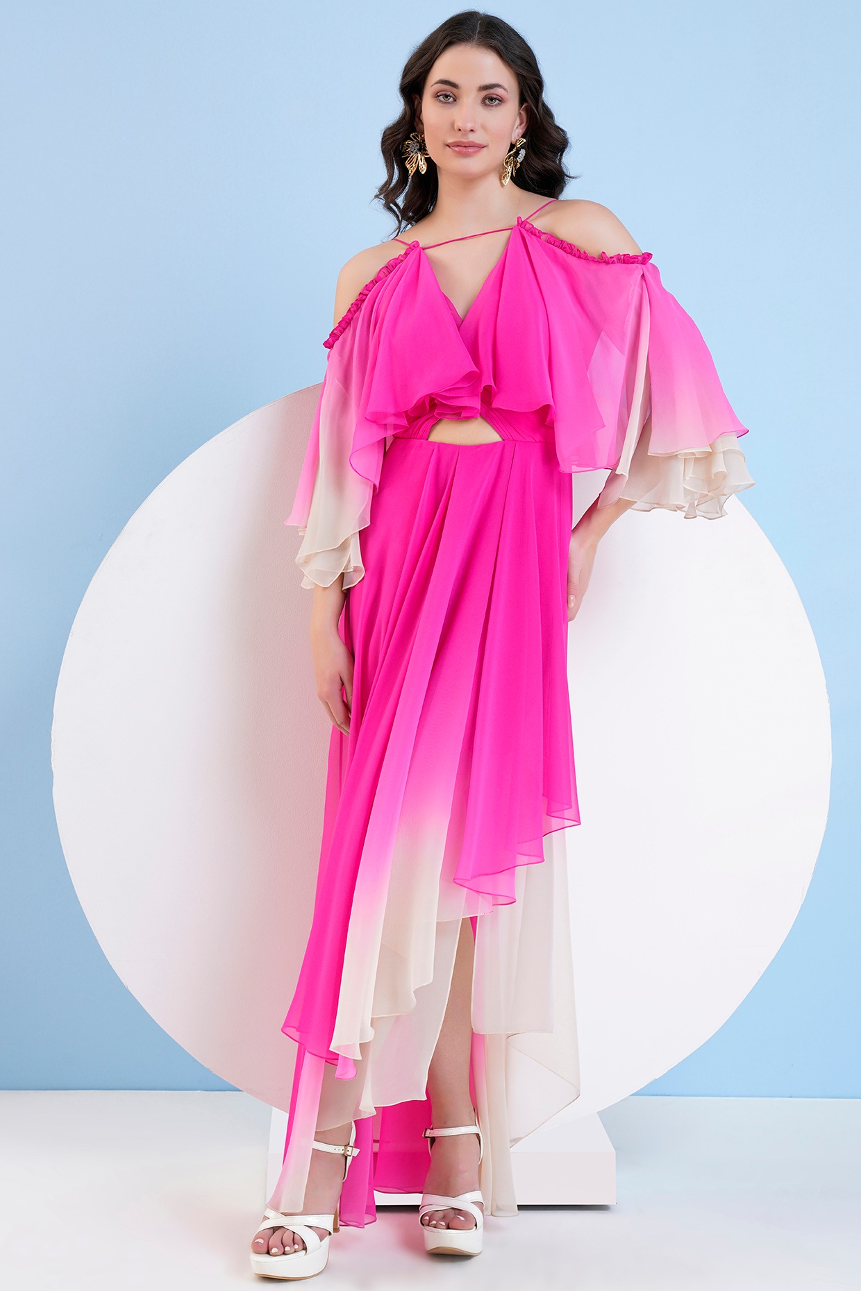 Pink Ombre Georgette Cut-Out High-Low Maxi Dress by Mandira Wirk at ...