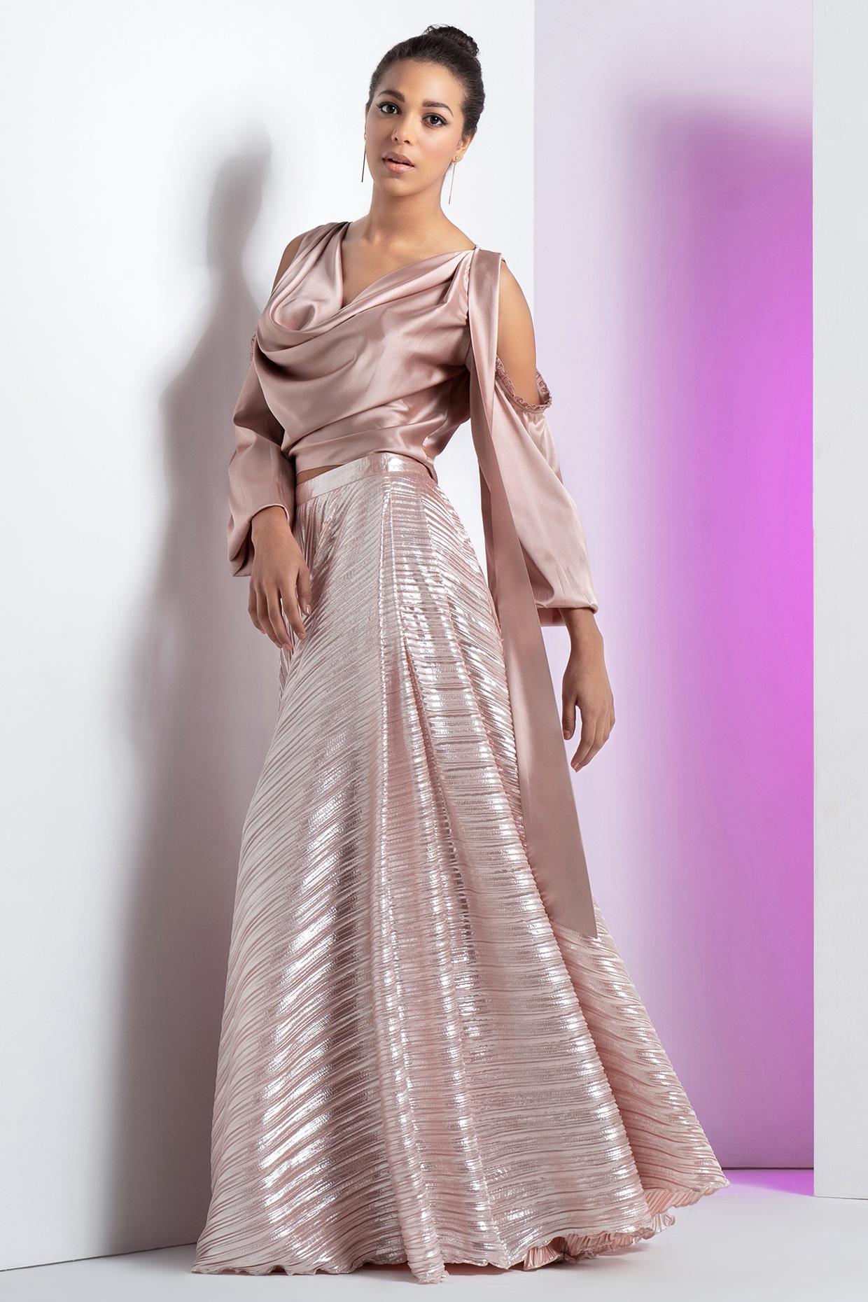 Rose Gold Satin & Metallic Lycra Pleated Skirt Set by Mandira Wirk at ...