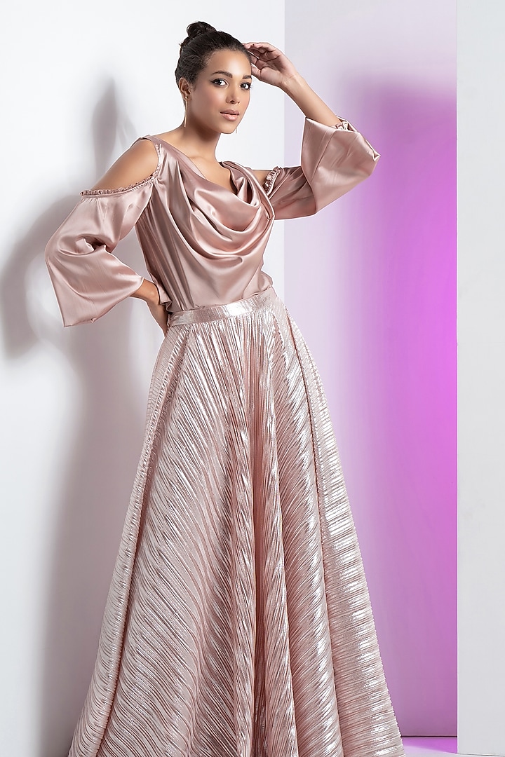 Rose Gold Satin & Metallic Lycra Pleated Skirt Set by Mandira Wirk at ...