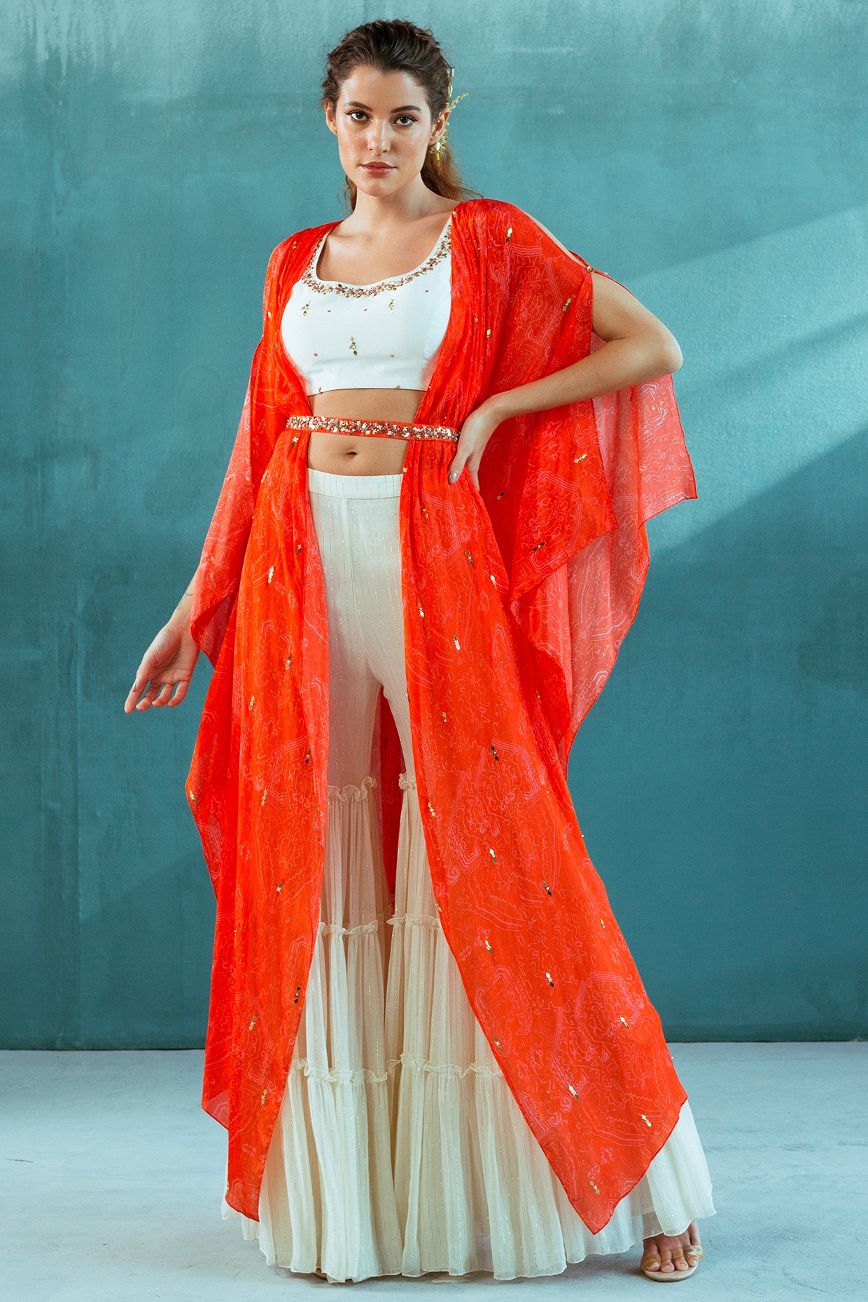 Orange Embroidered Cape Set by Mandira Wirk at Pernia's Pop Up Shop 2025
