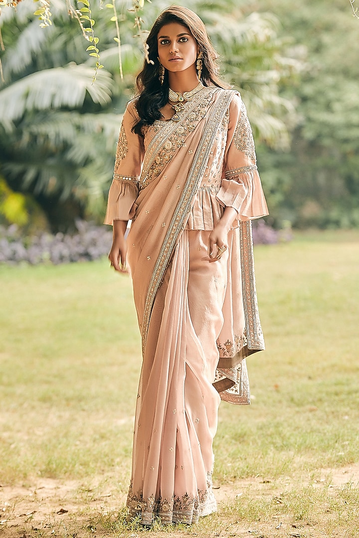 Peach Embroidered Saree Set Design by Matsya at Pernia's Pop Up Shop 2024