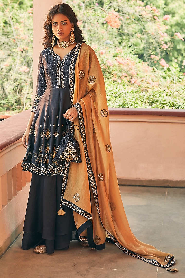 Blue Embroidered Sharara Set Design by Matsya at Pernia's Pop Up Shop 2024