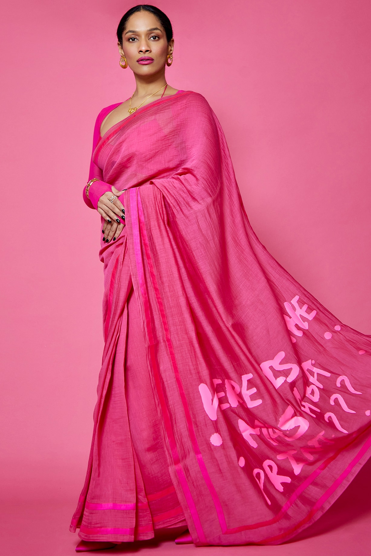 Hot Pink Chanderi Mul Printed Saree by Masaba at Pernia's Pop Up Shop 2025
