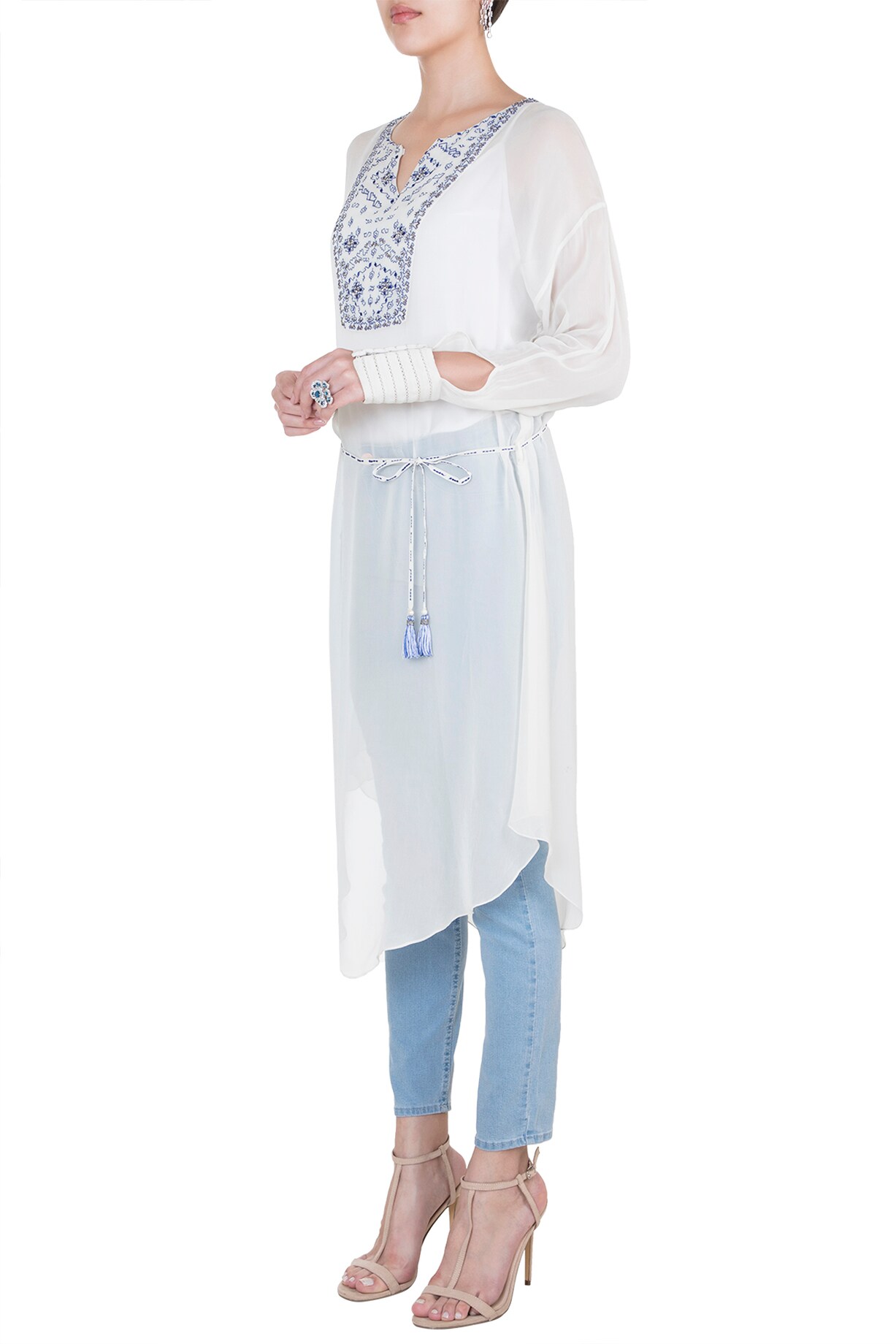 Ivory & Royal Blue Embroidered Tunic With Belt by Mandira Wirk at ...