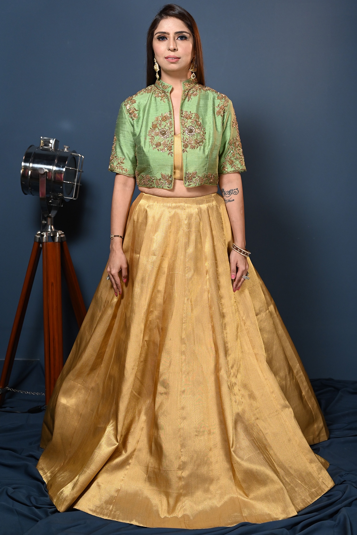 Golden & Green Banarasi Silk Embroidered Jacket Wedding Lehenga Set by ...