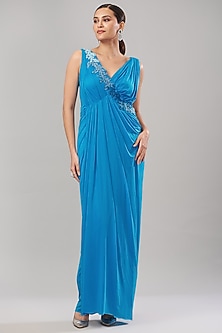 Aqua Blue Pure Lycra Hand Embroidered Handcrafted Draped Gown by Maarya ...