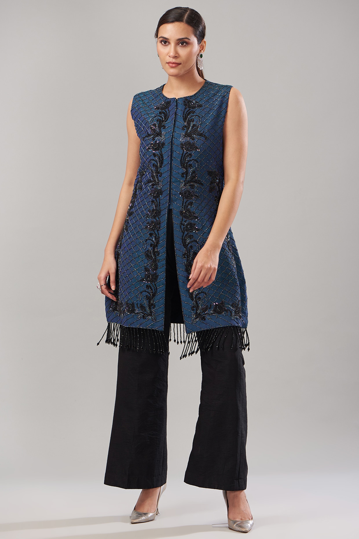 Blue Pure Silk Zardosi Embroidered Handcrafted Jacket Set by Maarya By ...
