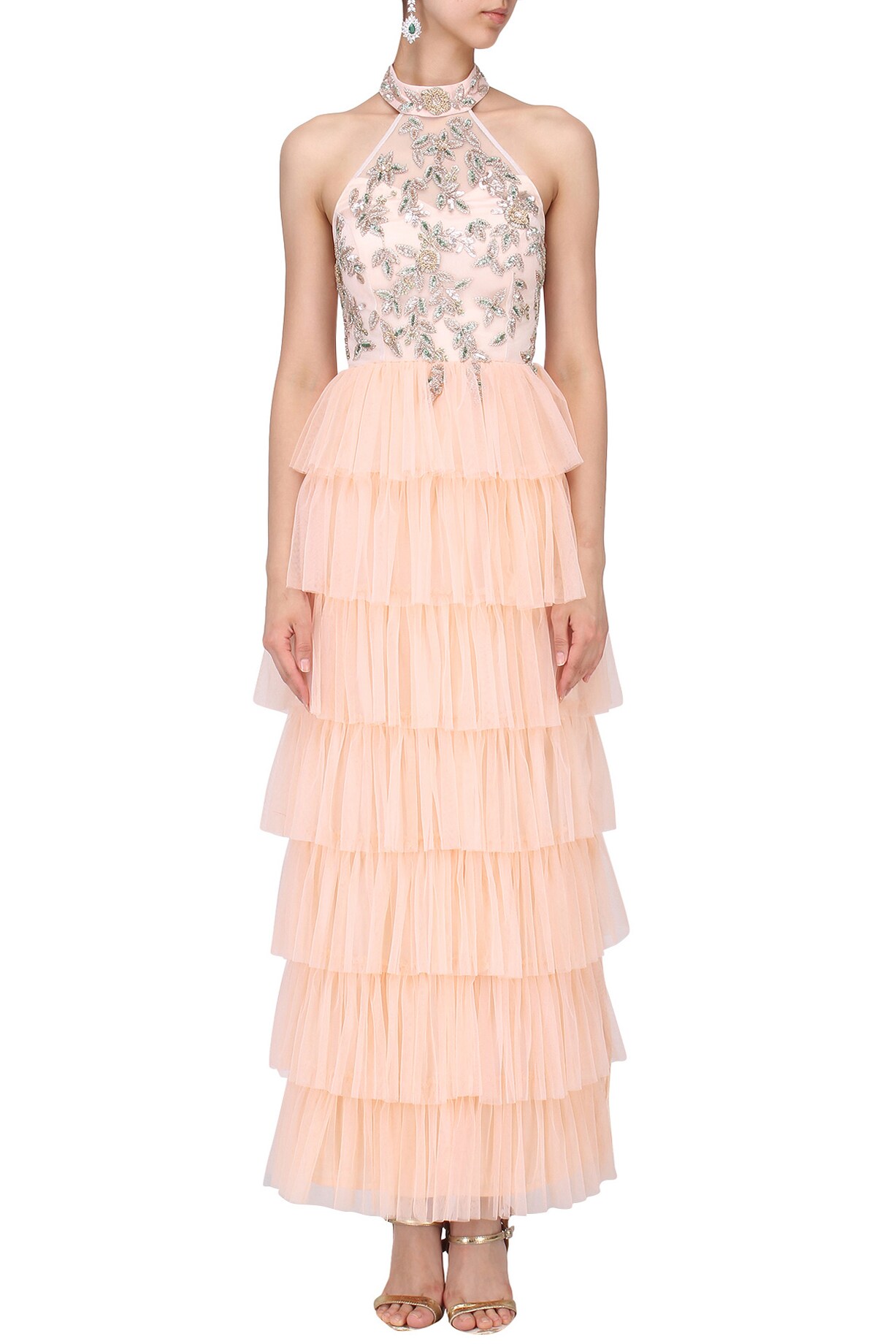 Peach ruffle layered dress available only at Pernia's Pop Up Shop. 2024