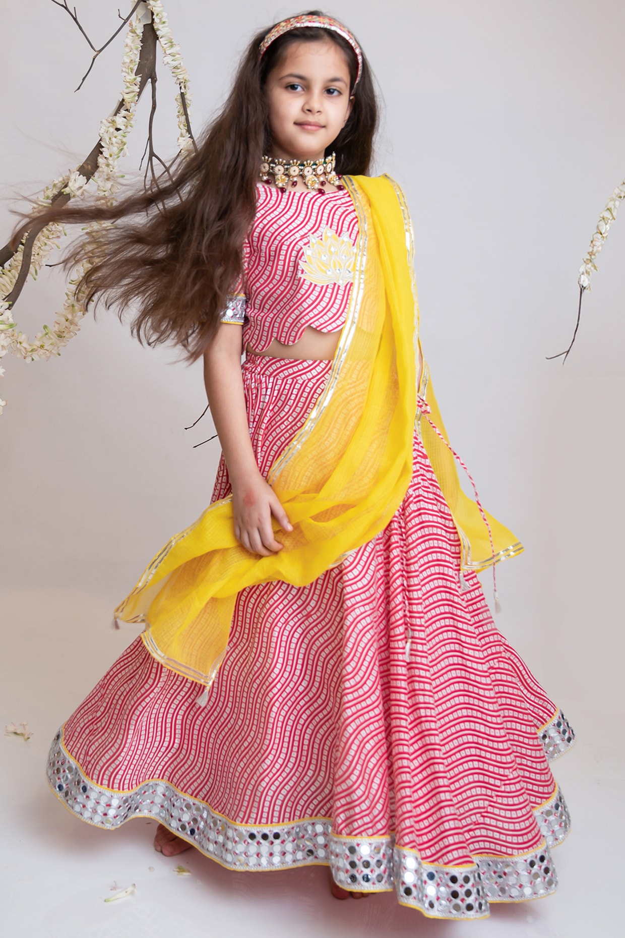 Red Organic Cotton Leheriya Printed Lehenga Set For Girls by Mi Dulce ...