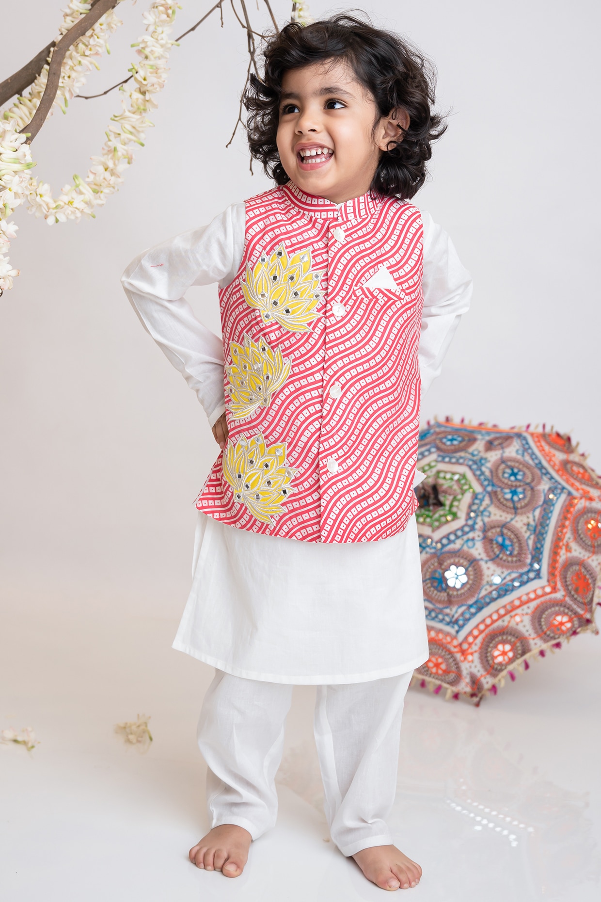 Red Organic Cotton Mirror Embroidered Nehru Jacket Set For Boys by Mi ...