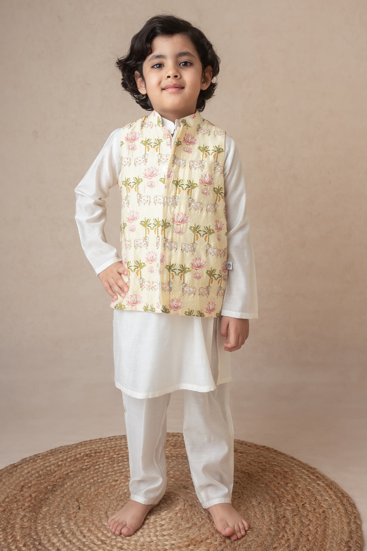 Pale Yellow Handwoven Chanderi Pichwai Printed & Hand Embroidered ...