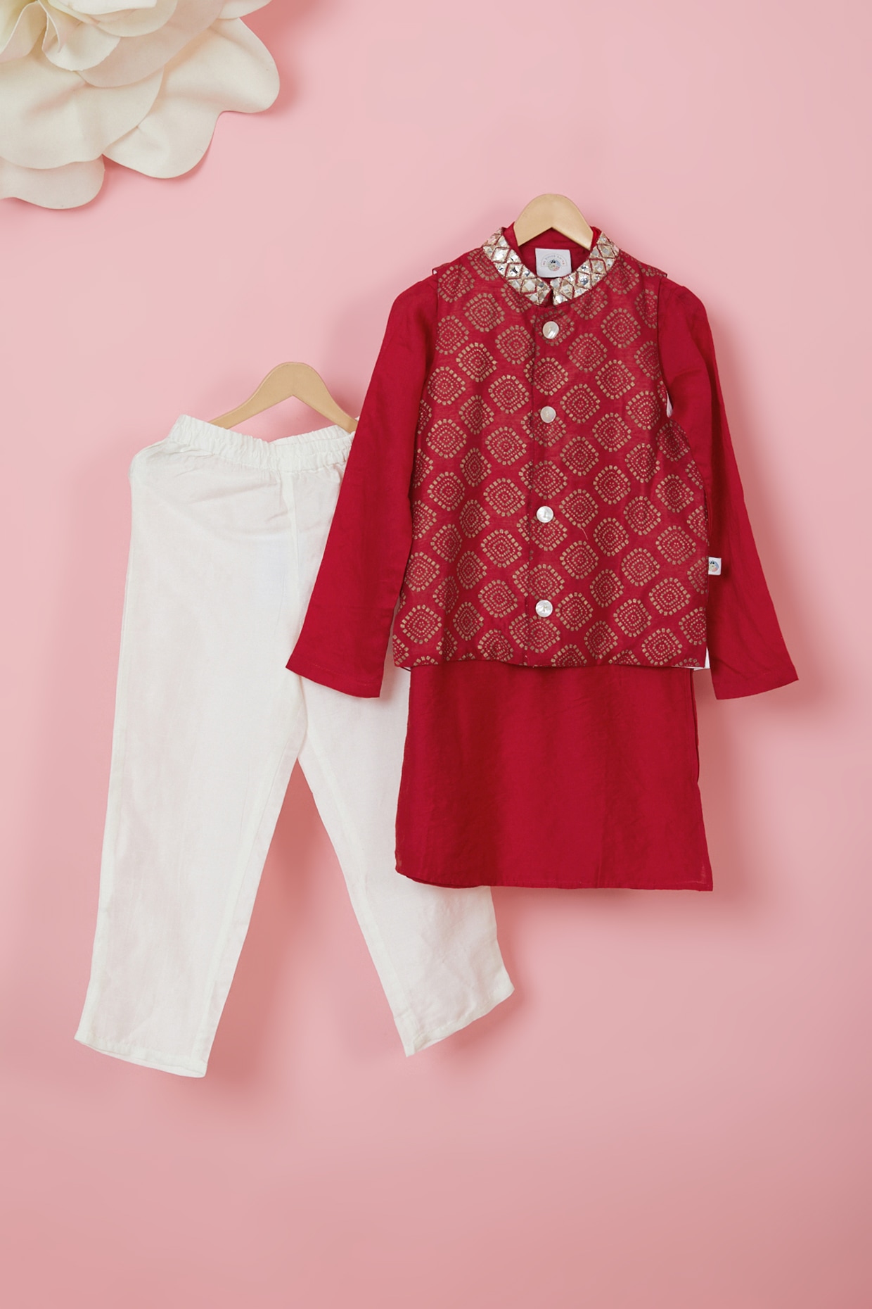 Red Organic Cotton Printed Nehru Jacket With Kurta Set For Boys by Mi ...