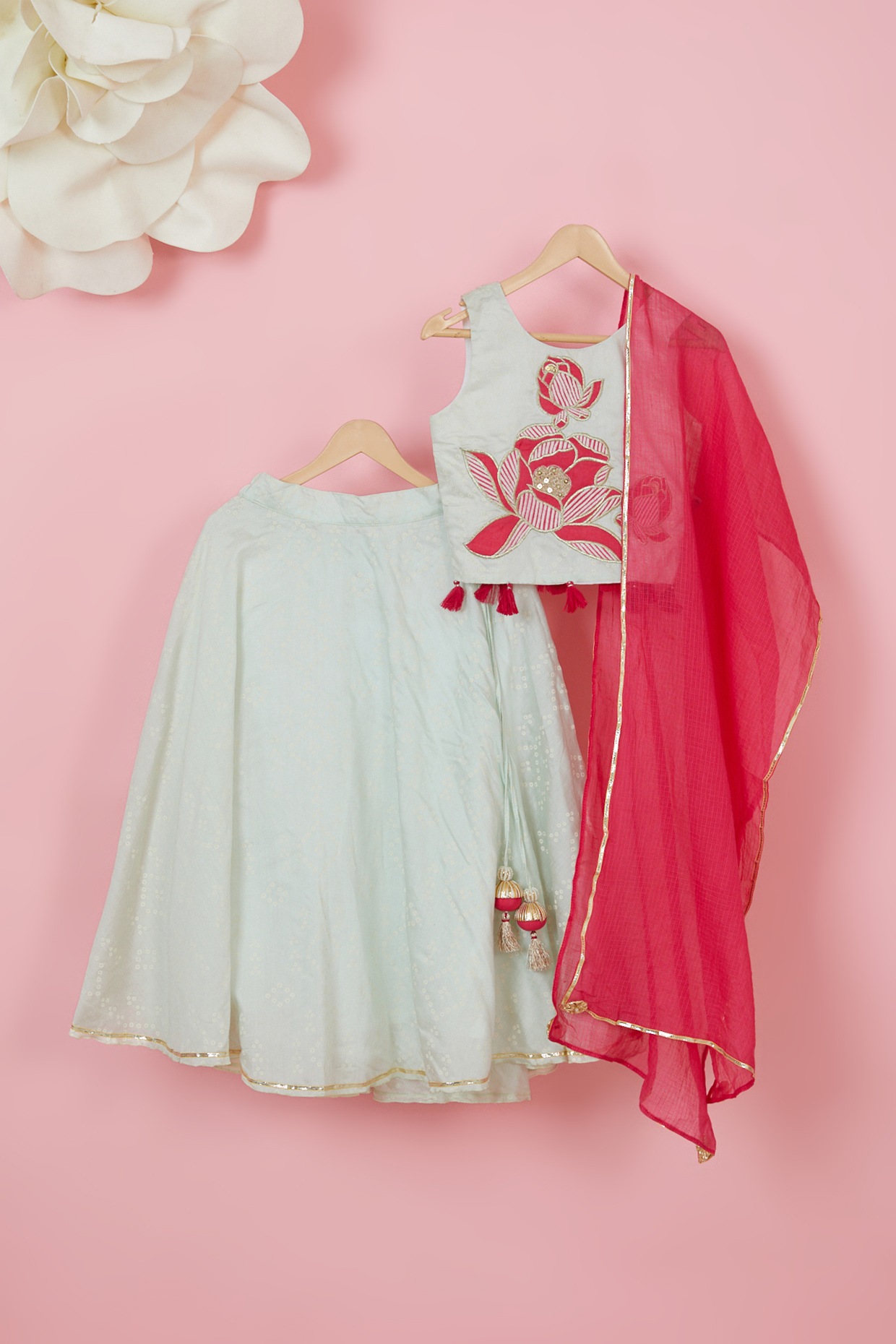 Mint Green Organic Cotton Lehenga Set For Girls by Mi Dulce An'ya at ...