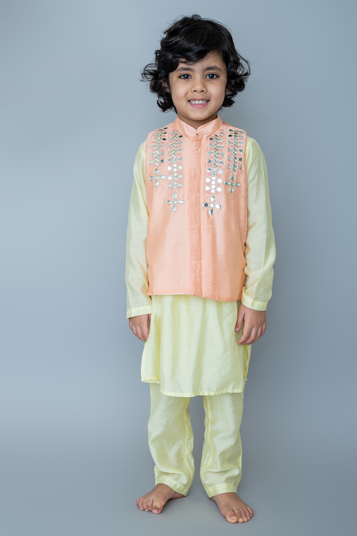 Peach Handwoven Chanderi Mirror Embroidered Nehru Jacket Set For Boys ...