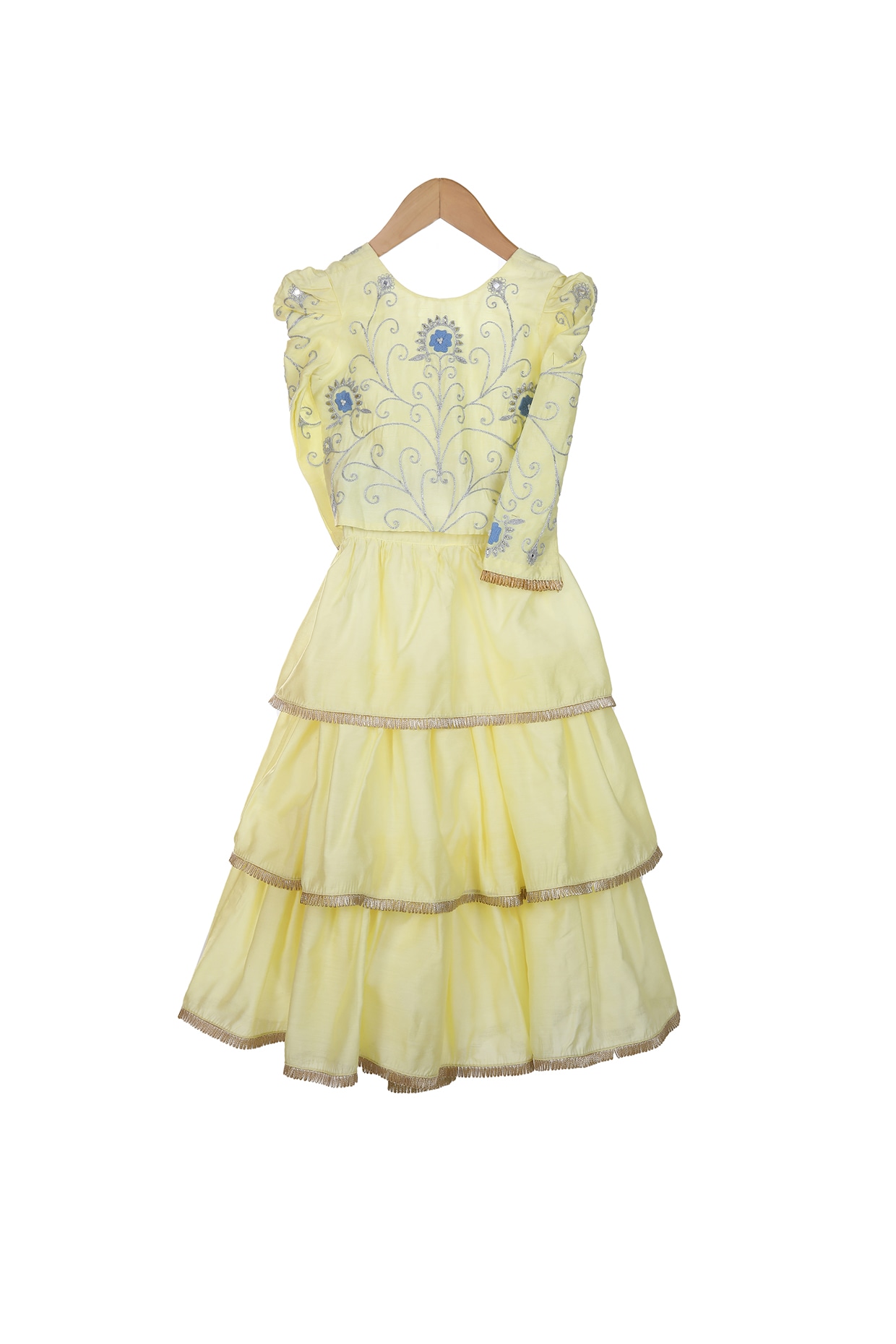 Lemon Yellow Cotton & Chanderi Lehenga Set For Girls by Mi Dulce An'ya ...