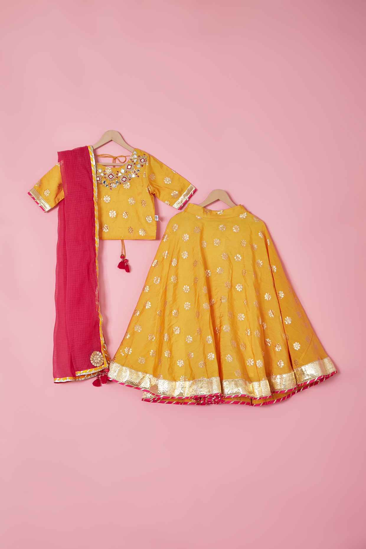 Mustard Handwoven Banarasi Gota Embroidered Lehenga Set For Girls by Mi ...