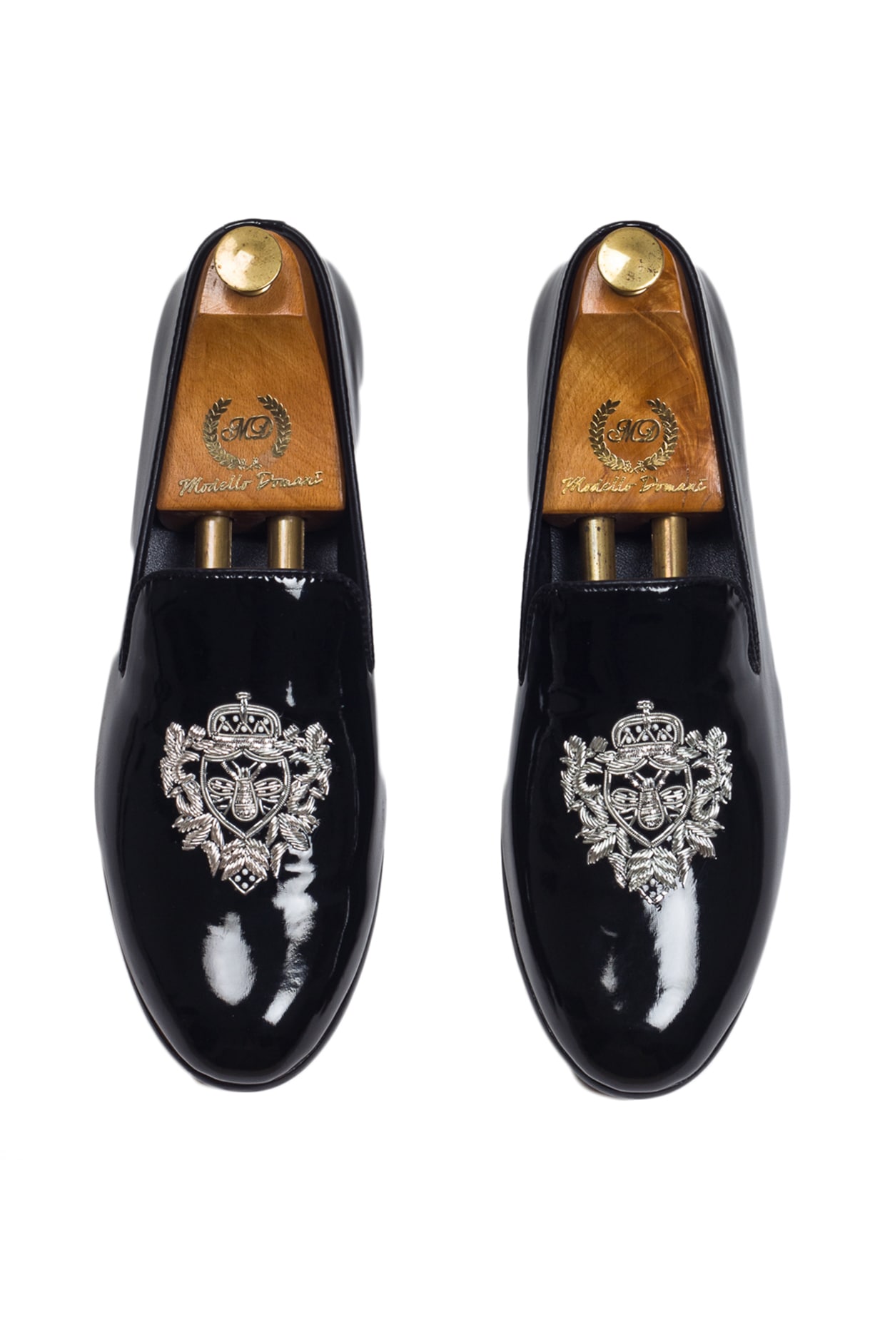 Black Leather Zardosi Embroidered Slip-Ons by Modello Domani at Pernia ...