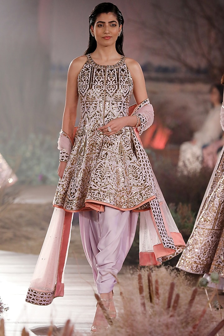 Lilac Chanderi Silk & Satin Dhoti Set by Mynah Designs By Reynu Tandon ...