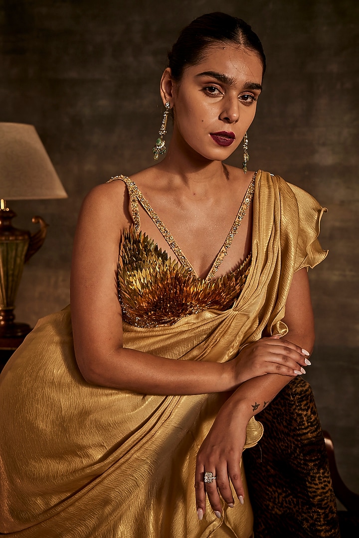 Gold Satin Lamia Draped Saree Set by Mynah Designs By Reynu Tandon at ...