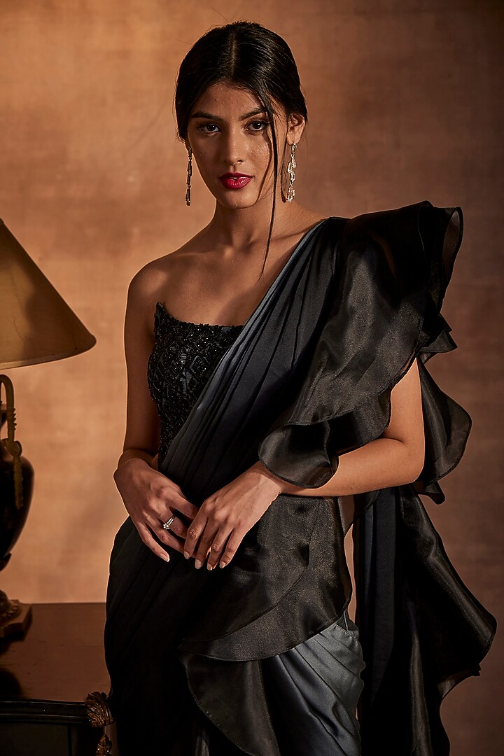 Black & Grey Georgette Draped Saree Set by Mynah Designs By Reynu ...