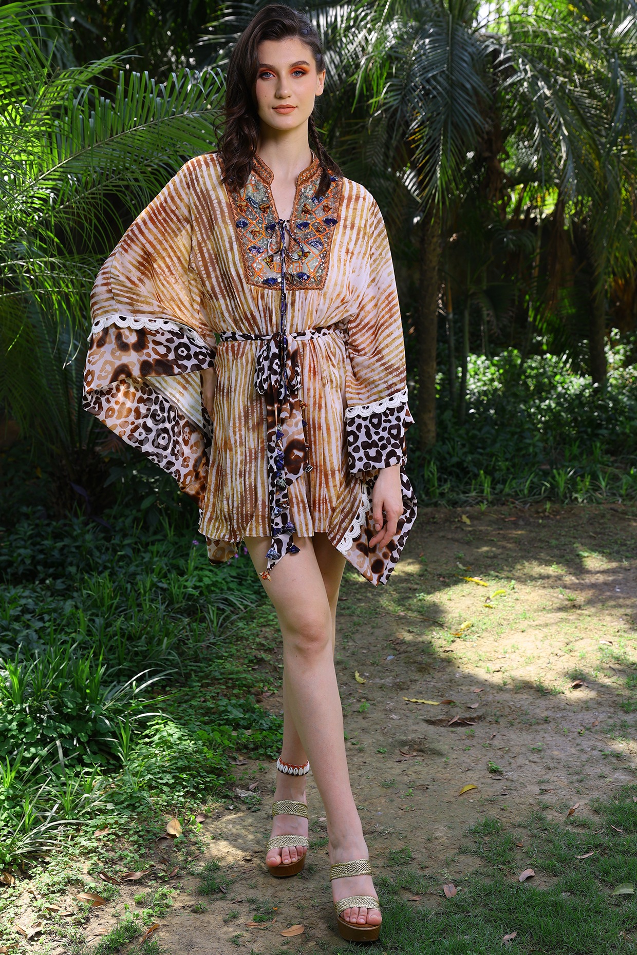 Brown & Peach Printed Kaftan With Crochet Work by Mynah Designs By ...